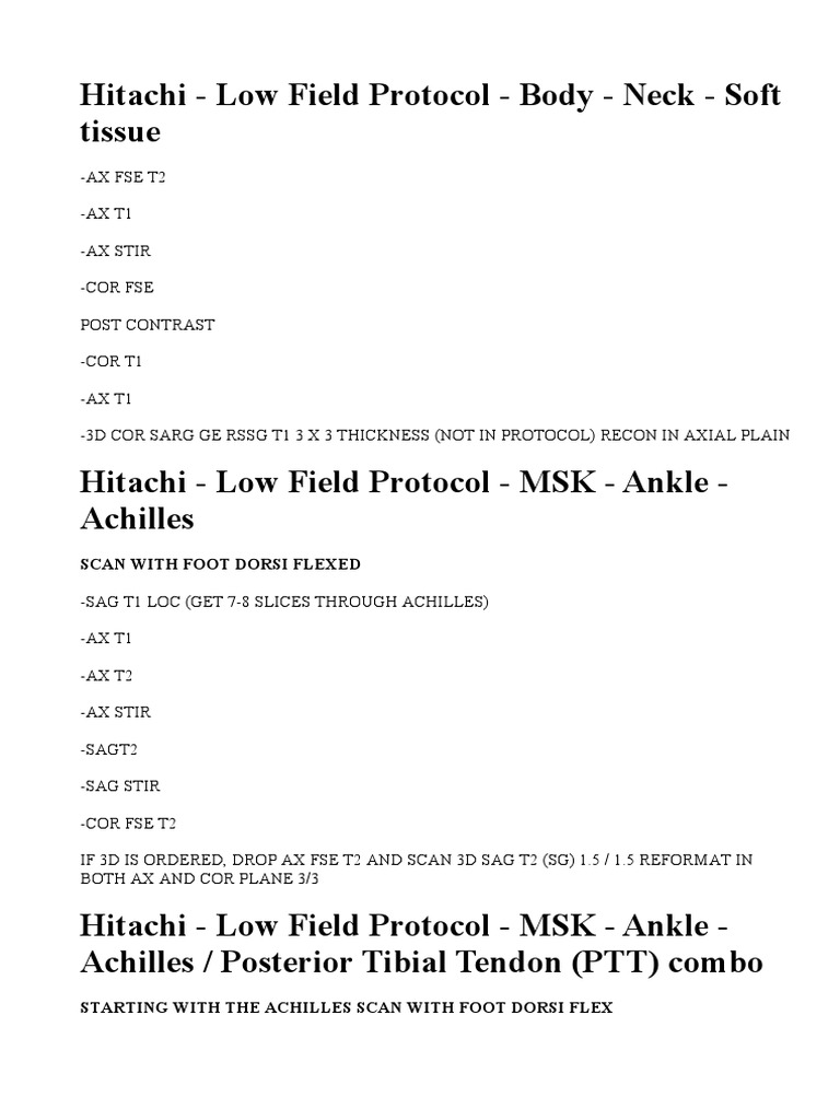 Hitachi Low Field MRI Protocols Overview | PDF | Foot | Ankle