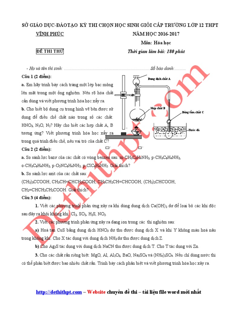 Đề thi HSG môn Hóa học lớp 12 - Lần 1 - THPT Nguyễn Duy Thì - Năm học 2016-2017 - File word có ...