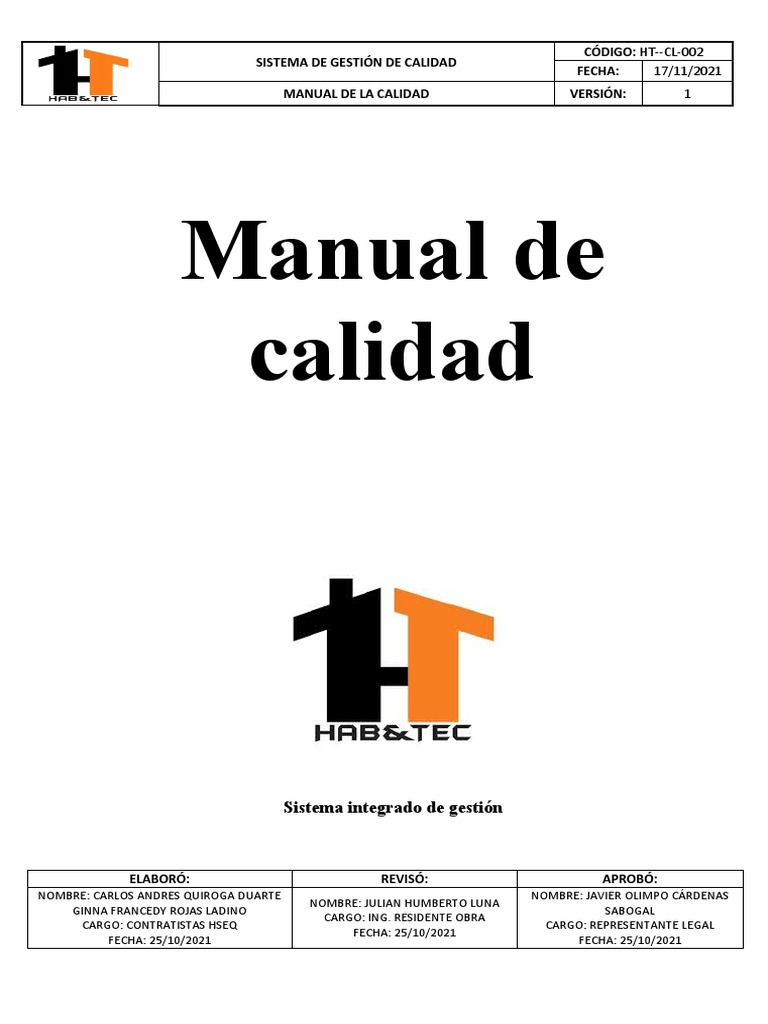 HT-CL-MC-001 Manual de Calidad Hab&tec | PDF | Calidad (comercial ...