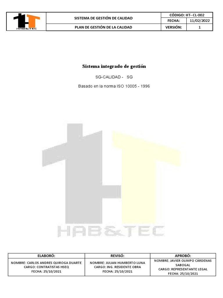 Ht-cl-pct-001 Plan de Calidad Hab&Tec para Techint | PDF | Calidad ...