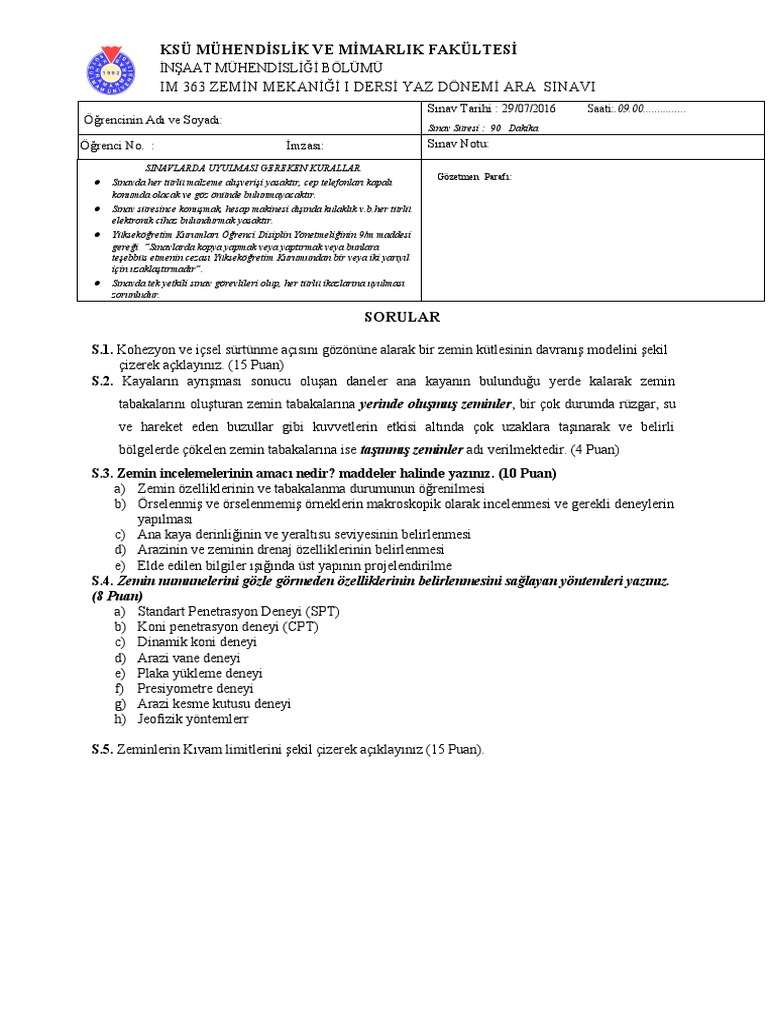 Zemä°n Ara Sinavi Cevaplar | PDF