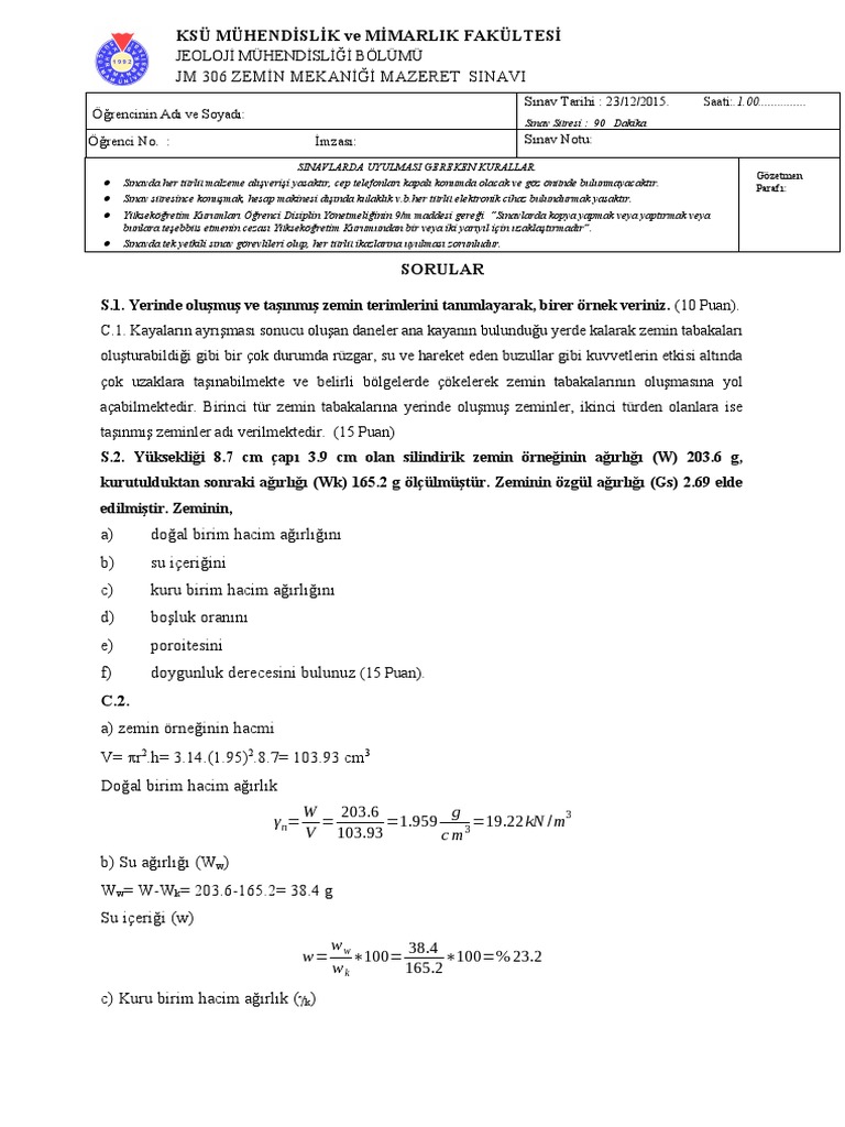 Zemä°n Mazeret Sinavi Cevaplar | PDF