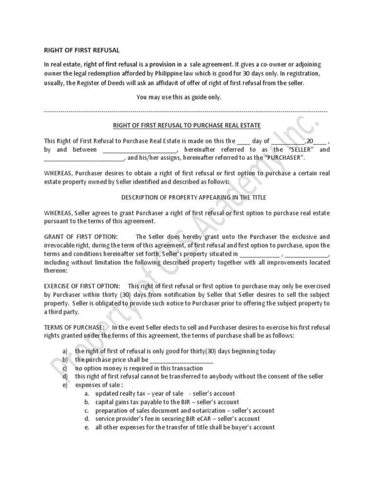 07 Right of First Refusal Realty | PDF | Sales | Taxes
