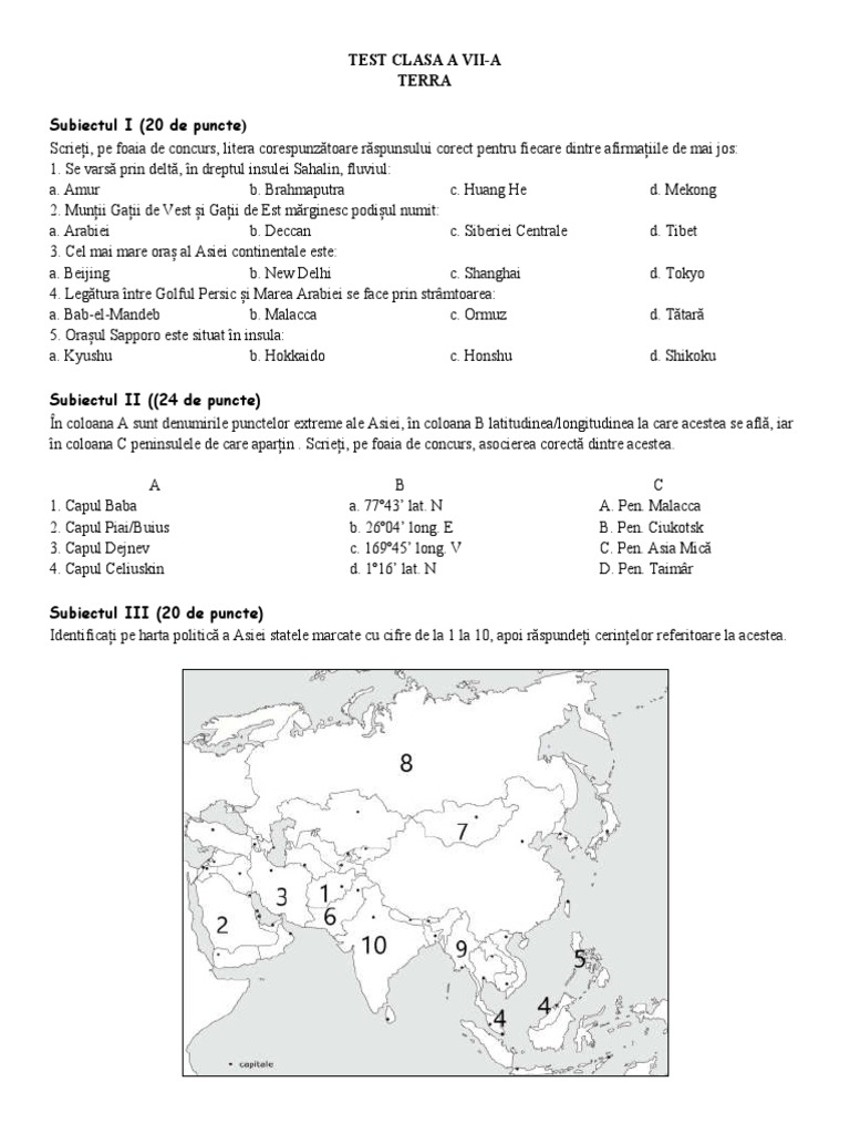 Test Asia Clasa A Viia | PDF