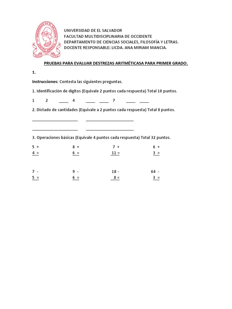 Pruebas para Evaluar Destrezas Aritmeticas para Primer Grado | PDF ...