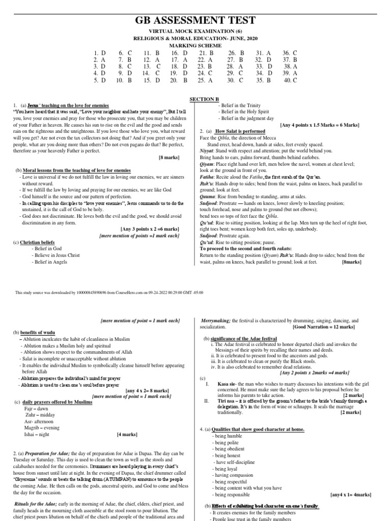 RME Mock Exam Questions & Answers 2020 | PDF | Prayer