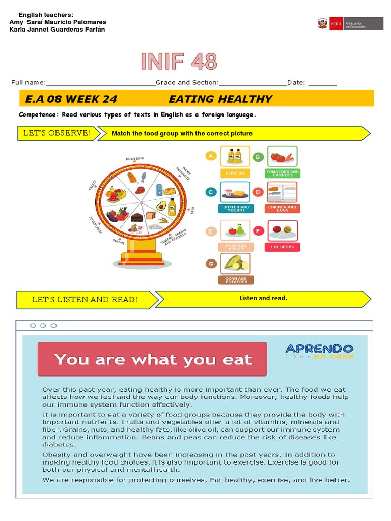Healthy Eating Lesson Plan for ESL | PDF