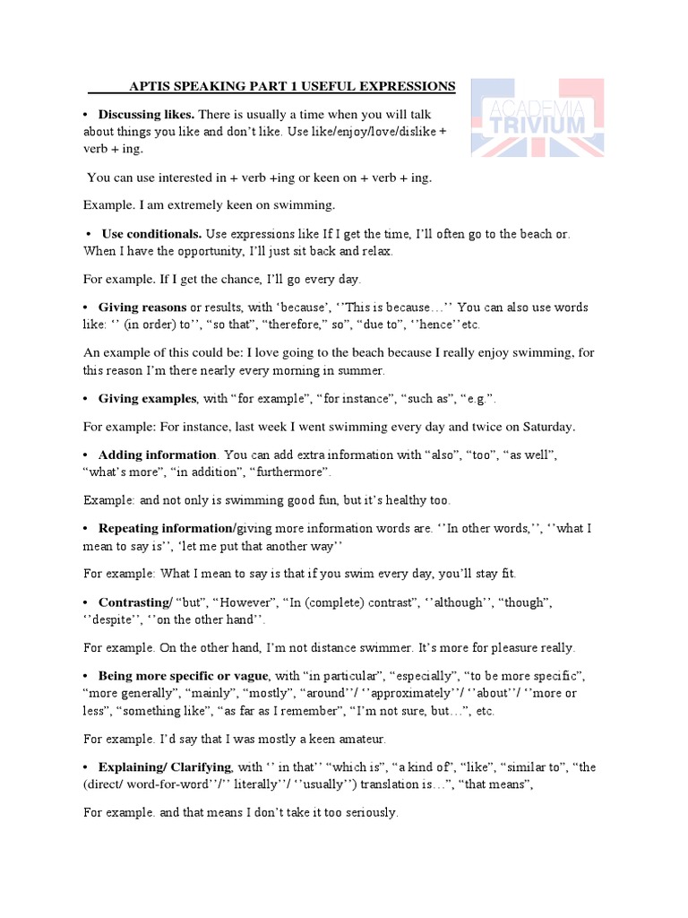 Aptis Speaking Part 1 0 2 Useful Expressions | PDF | Cognitive Science ...