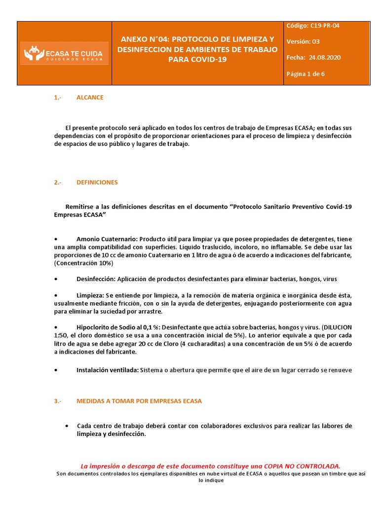 Anexo N°04 - Protocolo de Limpieza y Desinfección en Centros de Trabajo Empresas ECASA. C19-PR ...