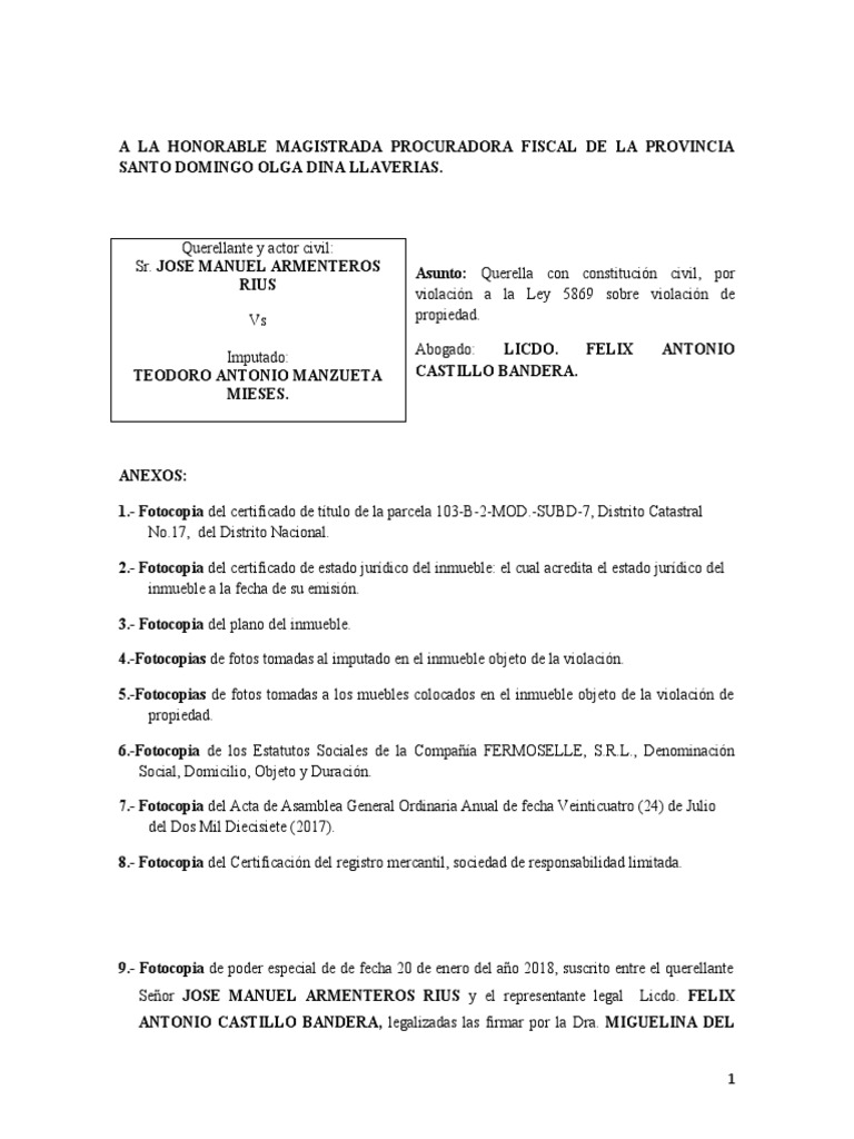Querella Por Violacion de Propiedad. | PDF | Propiedad | Derecho penal