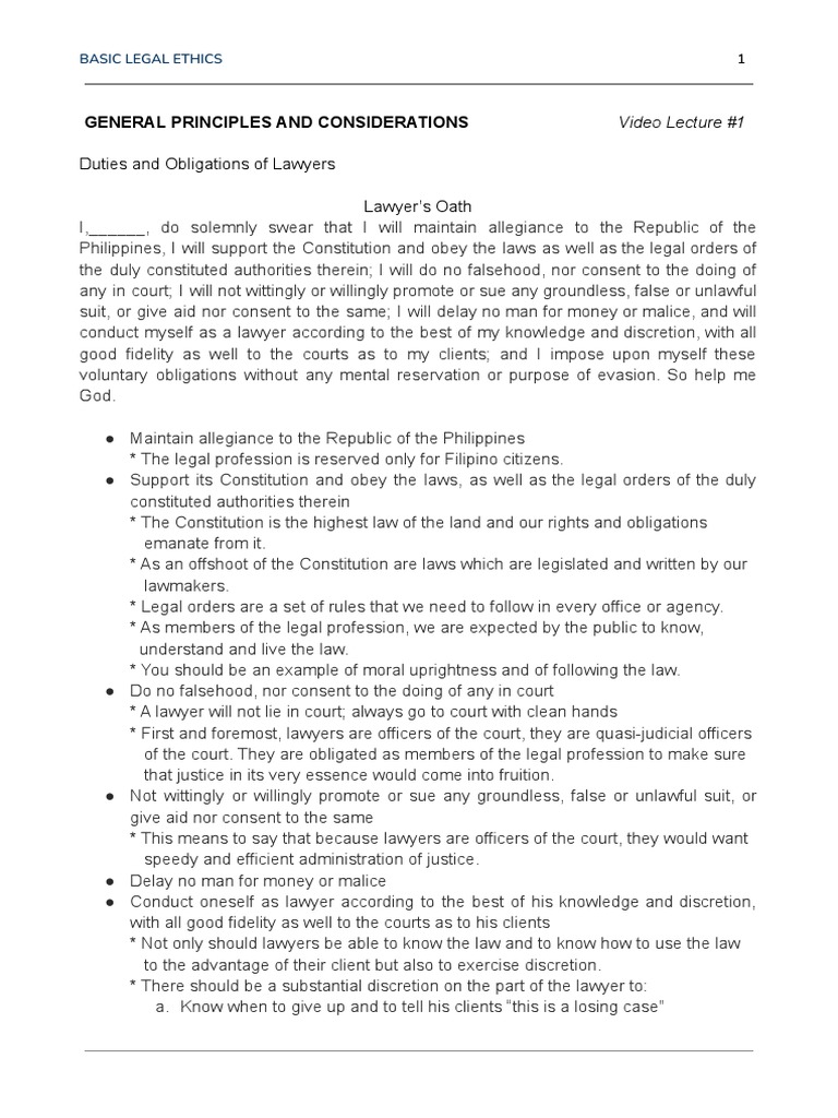 Duties and Obligations of Lawyers Lawyer's Oath: General Principles and Considerations | PDF ...