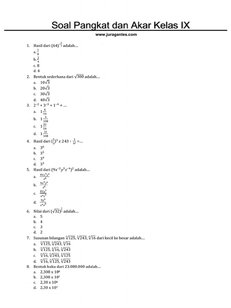 Soal Pangkat Dan Akar Kelas 9 - PDF | PDF