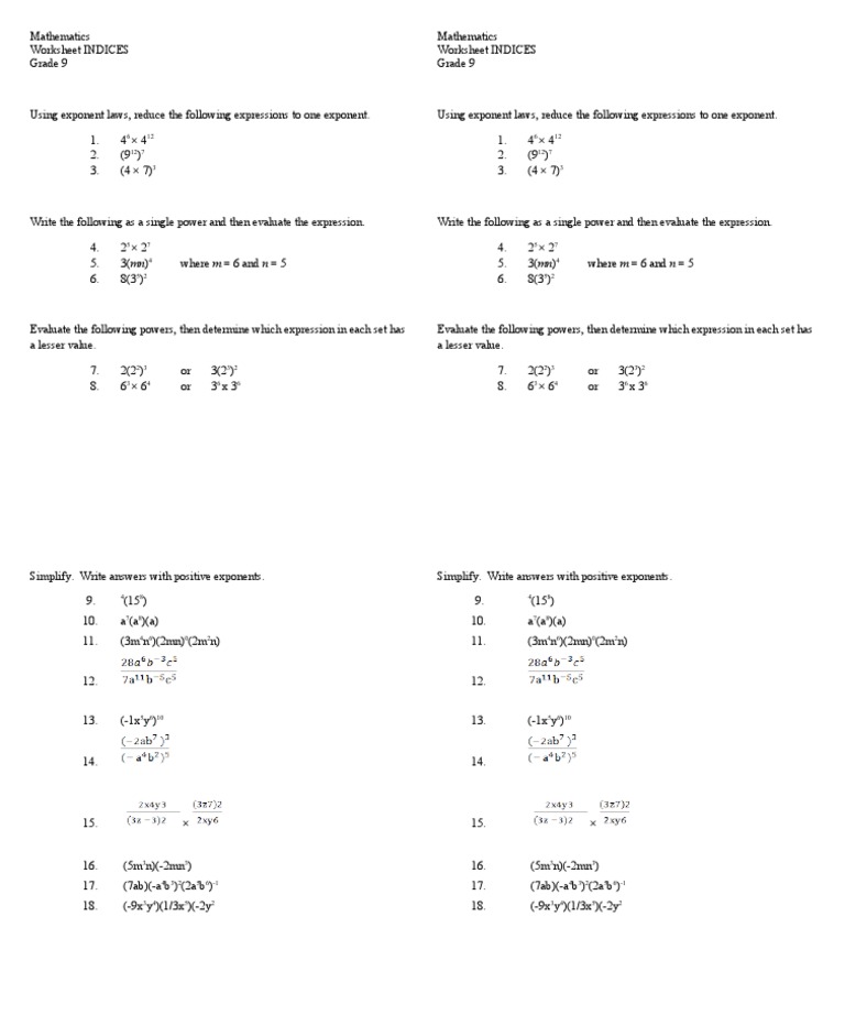 Worksheet INDICES | PDF | Mathematics