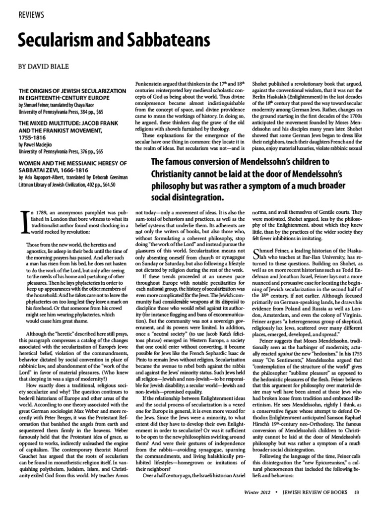 David Biale Secularism and Sabbateans TH | PDF | Jews And Judaism ...