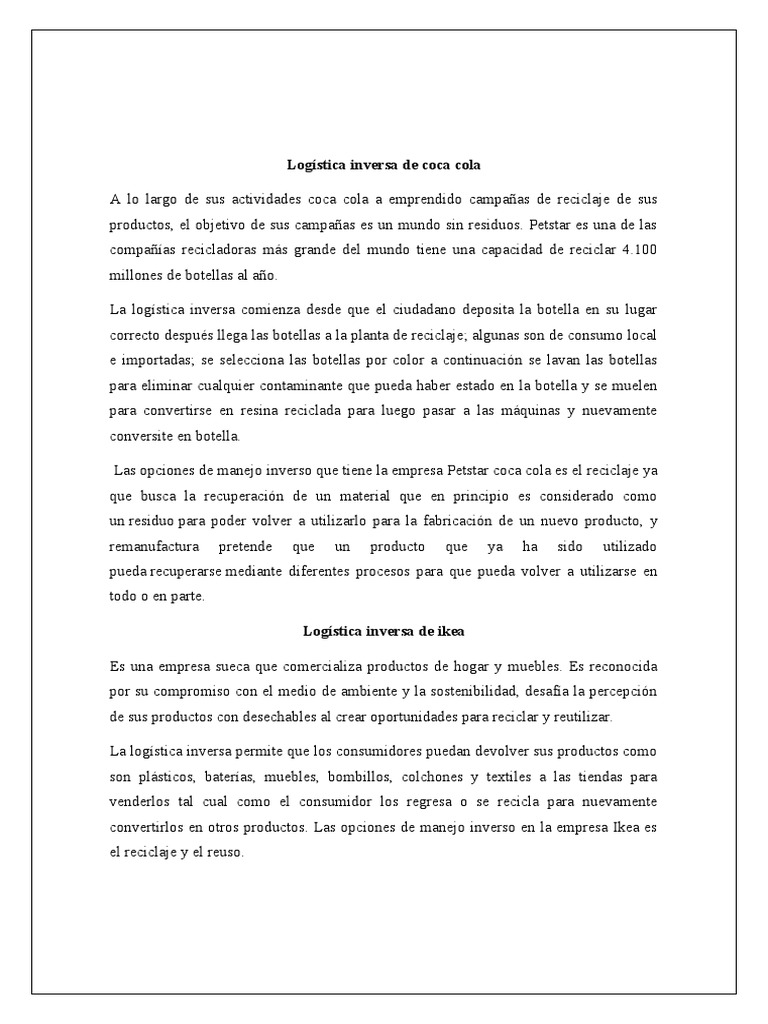 Logística Inversa de Coca Cola | PDF | Reciclaje | Economias