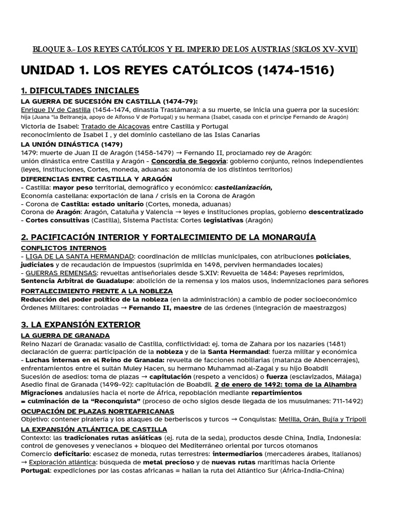 Resumen Bloque 3, Los Reyes Católicos y El Imperio de Los Austrias (Siglos XV-XVII) | PDF ...