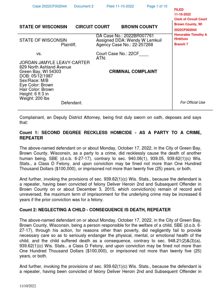 Jordan Leavy Carter Criminal Complaint | PDF | Felony | Wisconsin ...