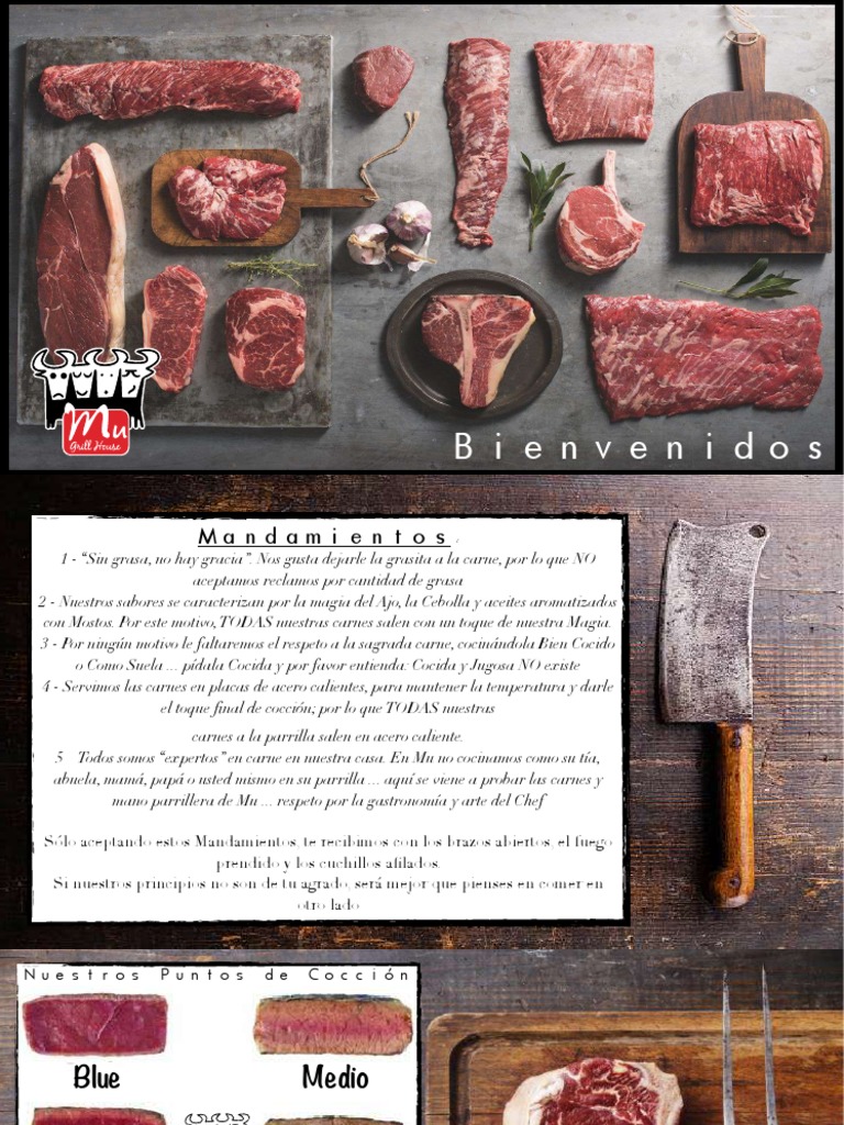 Menú de carnes y platos a la parrilla de un restaurante tradicional ...