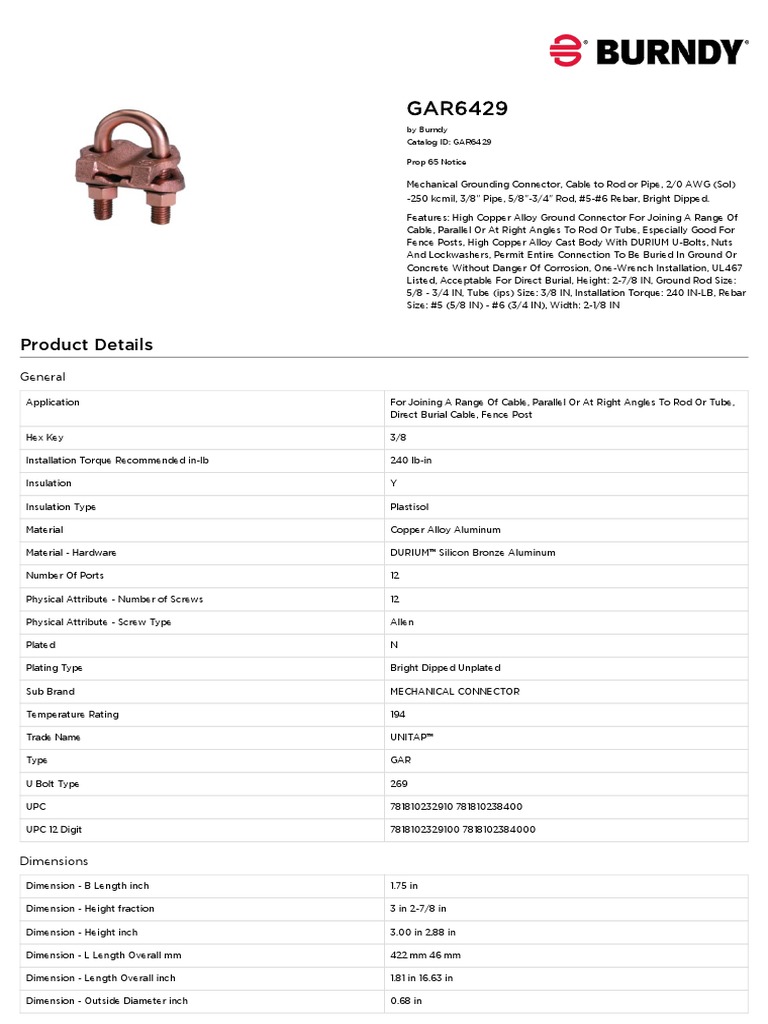 BURNDY GAR6429 Specsheet | PDF | Pipe (Fluid Conveyance) | Screw