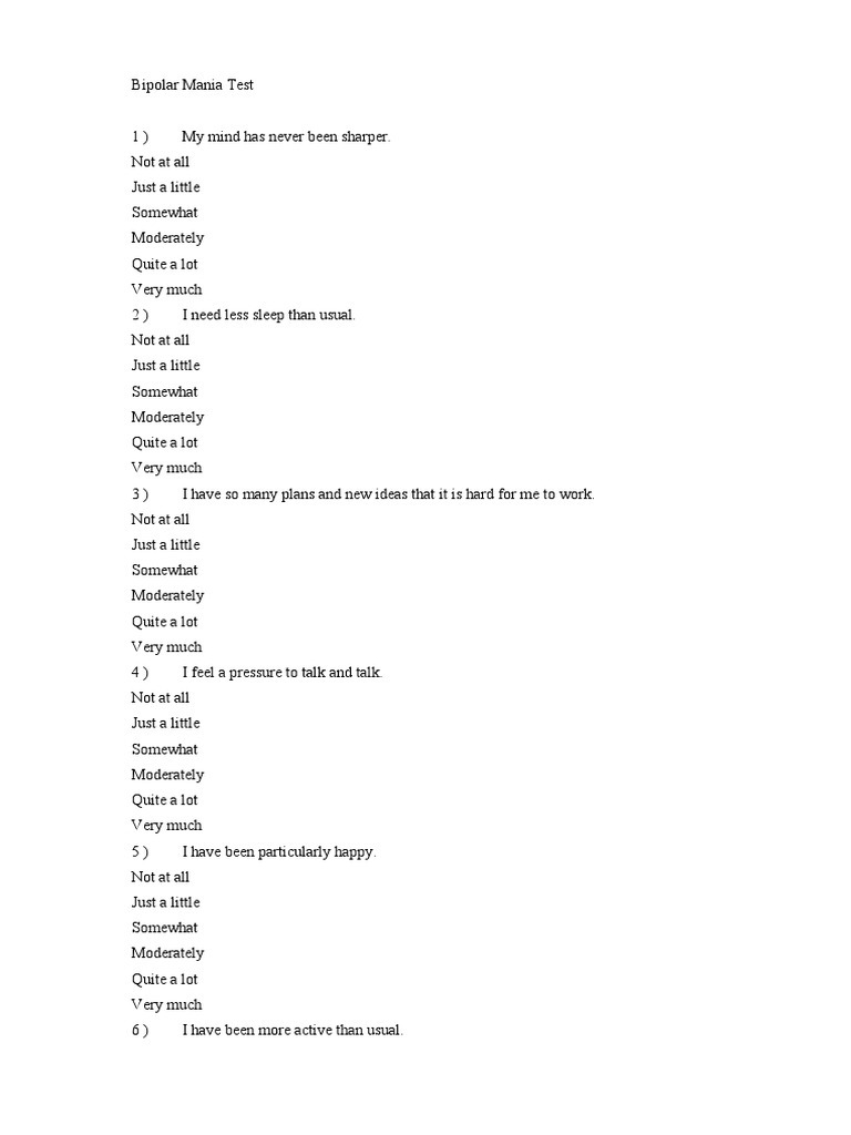 Bipolar Mania Test | PDF | Mania | Bipolar Disorder