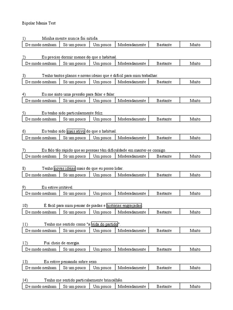 Bipolar Mania Test (Traduzido) | PDF | Mania | Transtorno bipolar