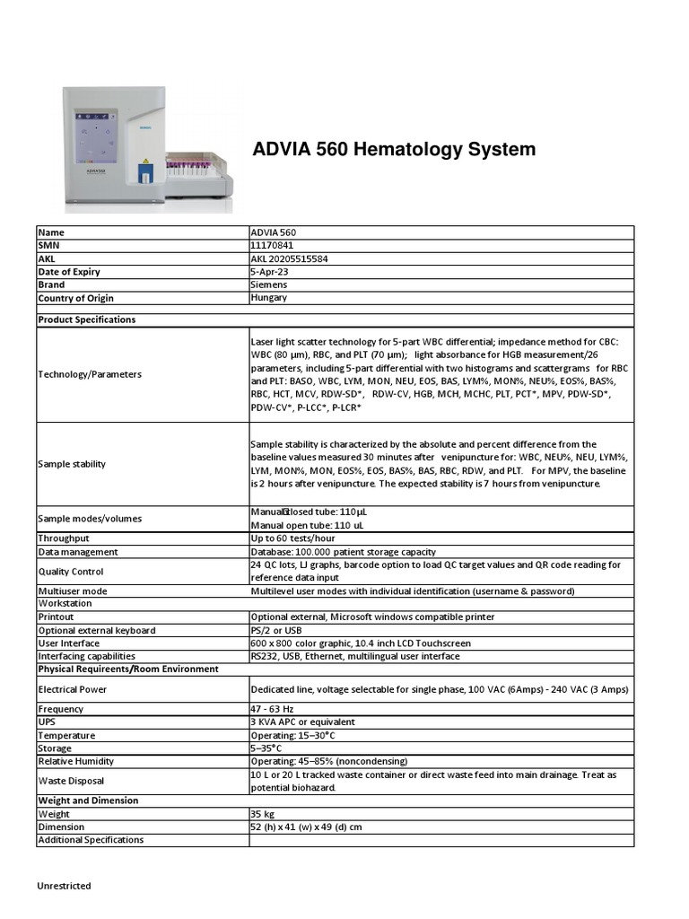 ADVIA 560 Hematology System Specification | PDF | Electrical Engineering | Computer Hardware
