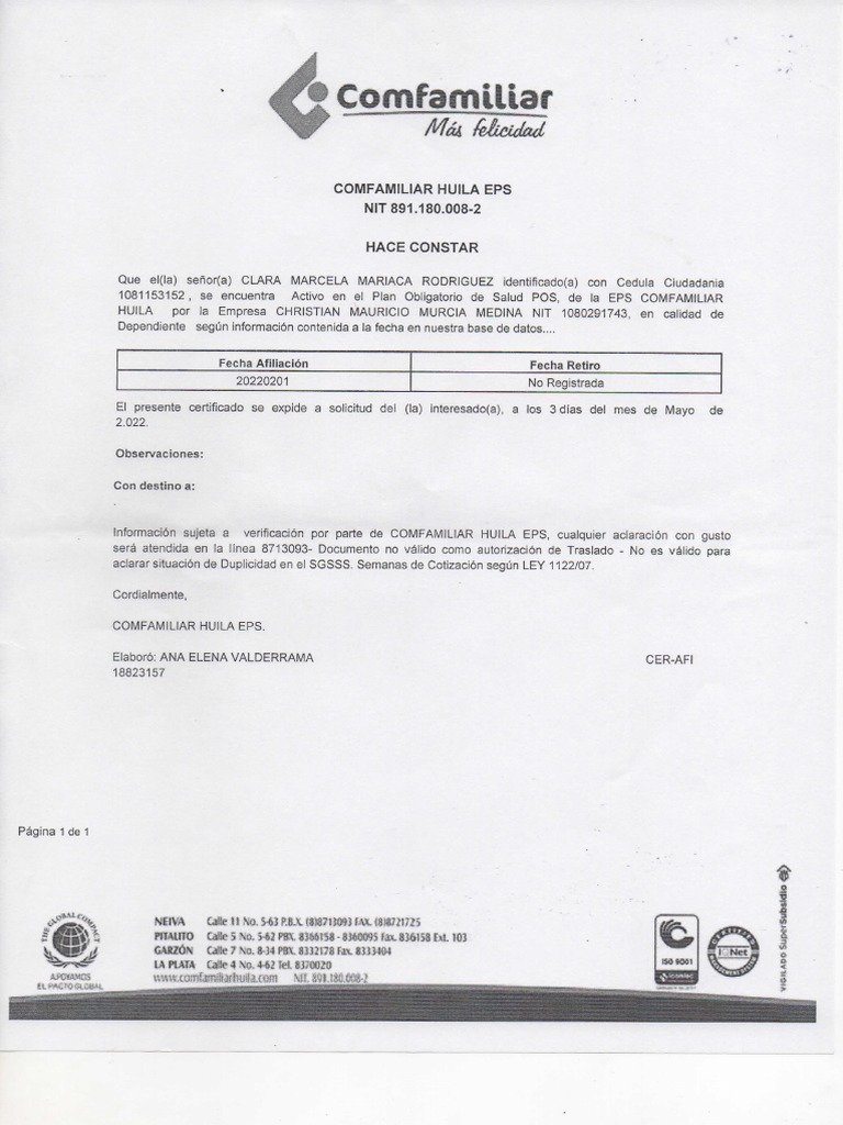 Certificado de Comfamiliar - Clara Marcela Mariaca - ACT | PDF