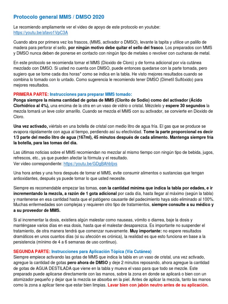 Protocolo general para el uso de MMS (Dioxido de Cloro) y DMSO para fines medicinales | PDF ...