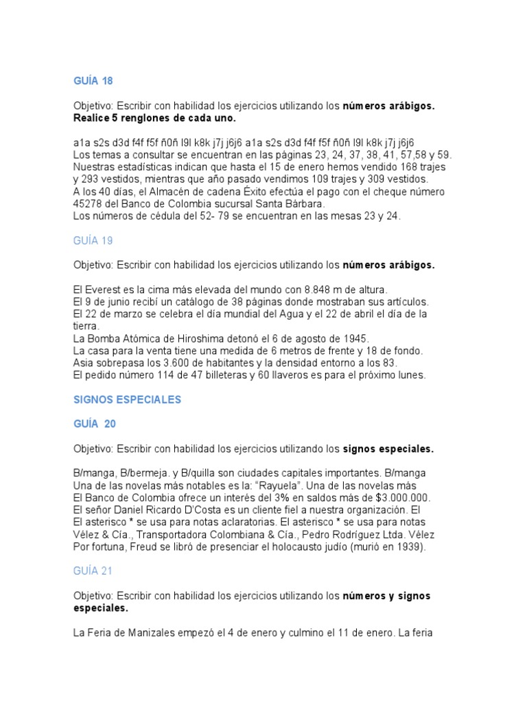 Guía 18: Ejercicios con números arábigos | PDF