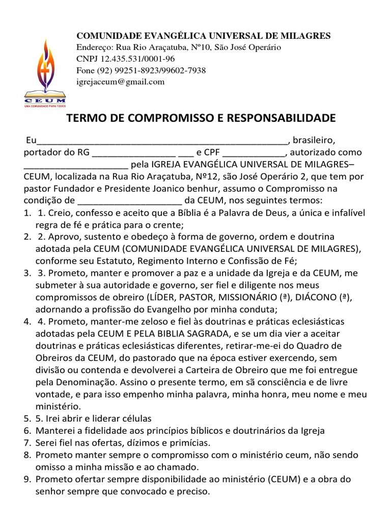 Termo de Compromisso e Responsabilidade | PDF | Protestantismo | Igreja ...