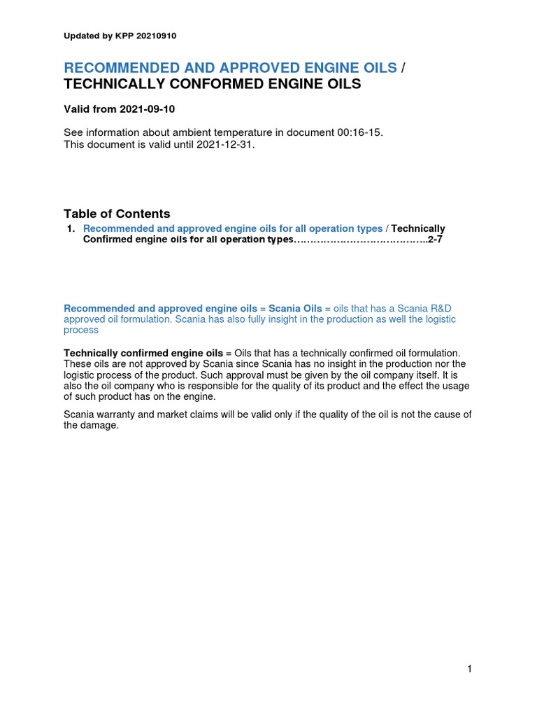 Scania - Recommended and Approved Engine Oils 20210910 | PDF | Motor ...