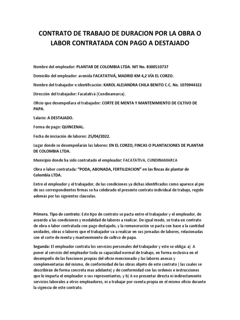 Contrato de Trabajo de Duracion Por La Obra o Labor Contratada Con Pago A Destajado | PDF | Derecho