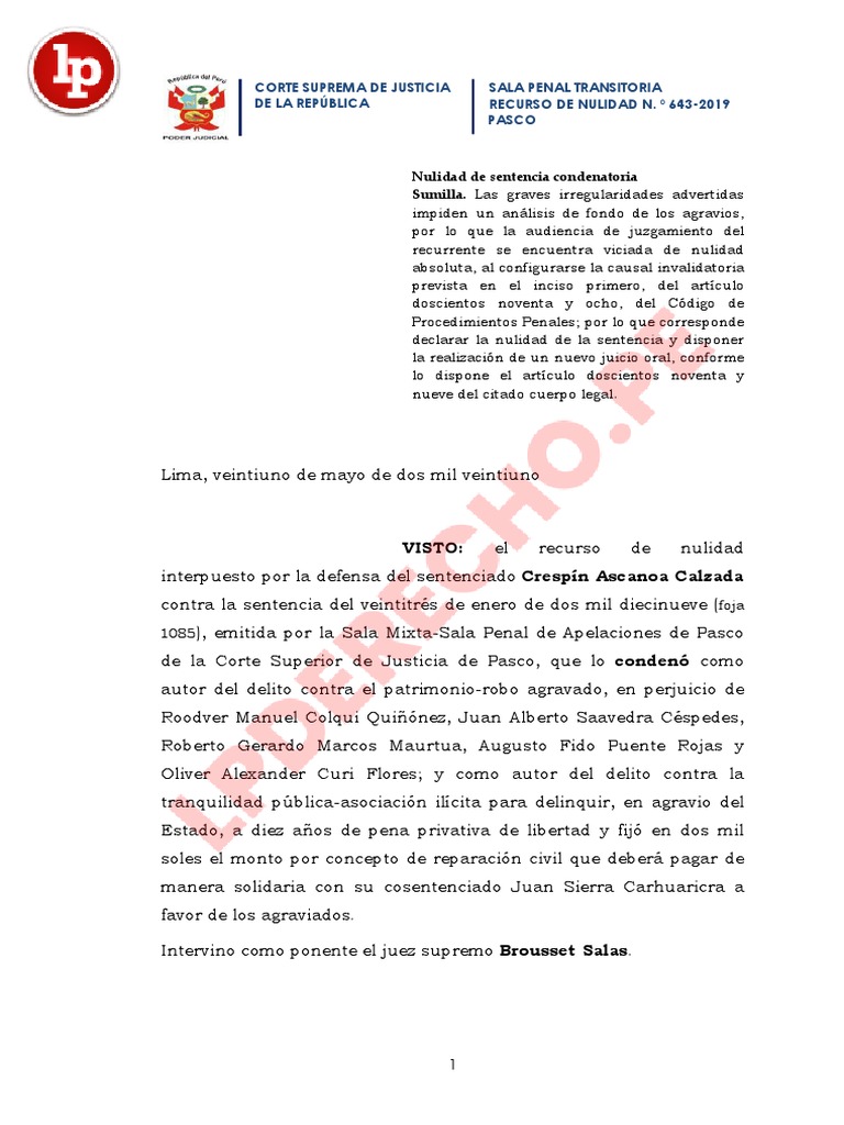 Recurso de Nulidad 643 2019 Pasco LP | PDF | Procedimiento Criminal | Ley procesal