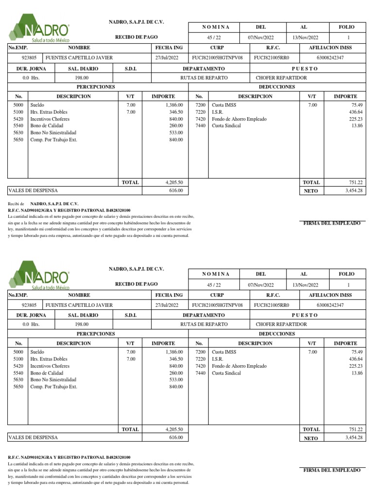 Nadro, S.A.P.I. de C.V. R.F.C. NAD901023GRA Y REGISTRO PATRONAL ...