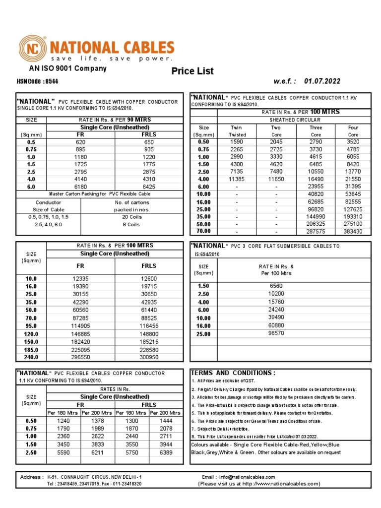 National Cables Price List 2022 | PDF | Electrical Conductor | Wire