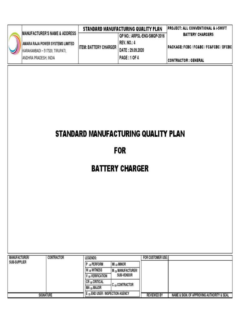 Updated Standard Manufacturing Quality Plan For Battery Chargers | PDF ...