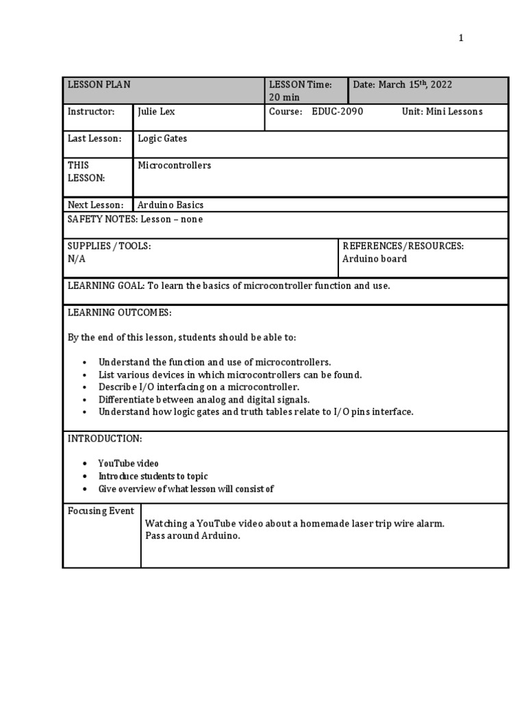Lesson Plan Microcontrollers | PDF | Microcontroller | Logic Gate