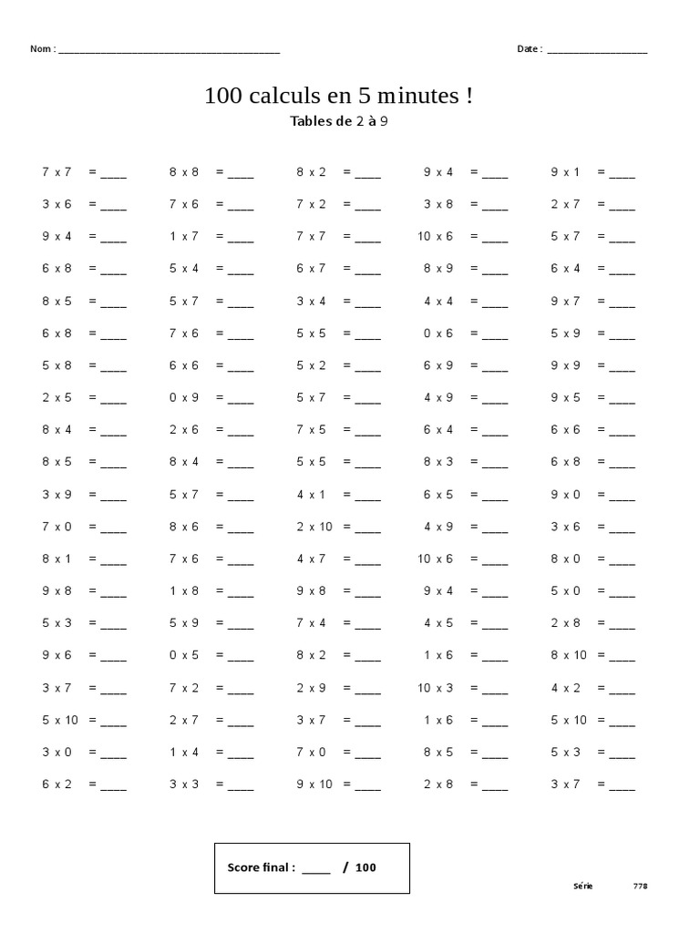 100 Calculs en 5 Minutes | PDF