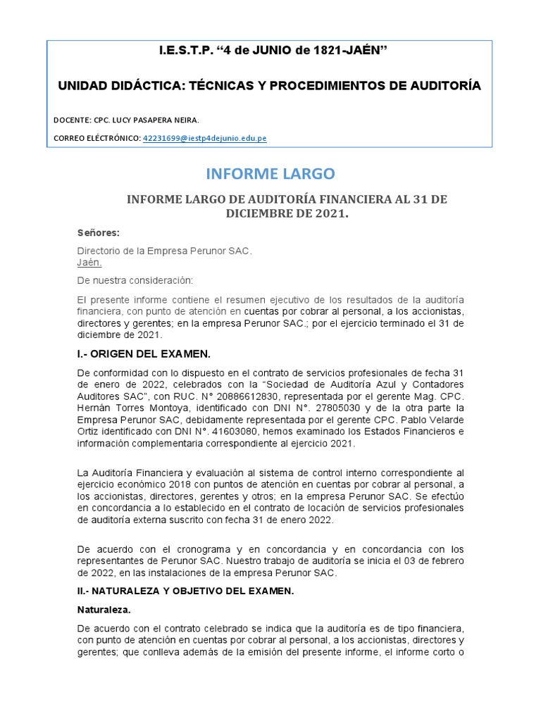 Informe Largo de Auditoria Financiera | PDF | Auditoría | Contabilidad