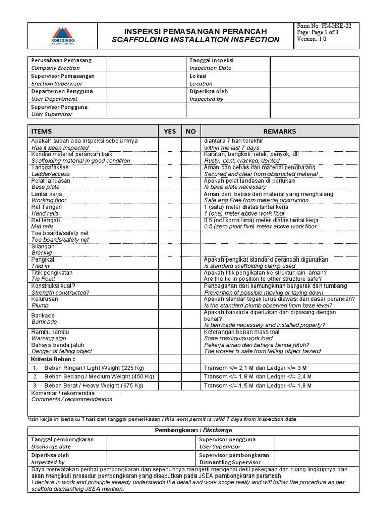 FM-HSE-22 Form Inspeksi Perancah | PDF