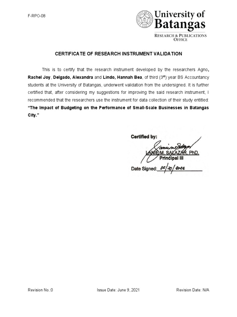 Research Instrument Validation Certificate | PDF | Business | Finance ...