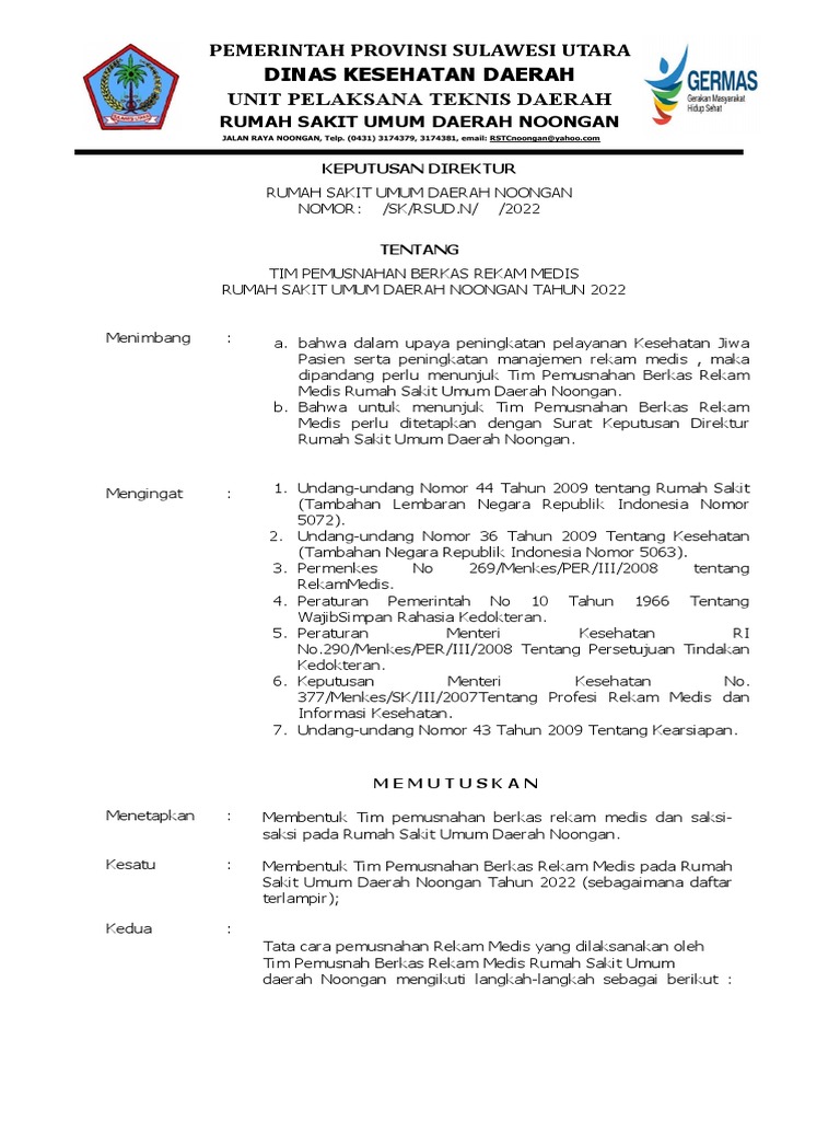 SK Tim Pemusnahan Rekam Medis | PDF
