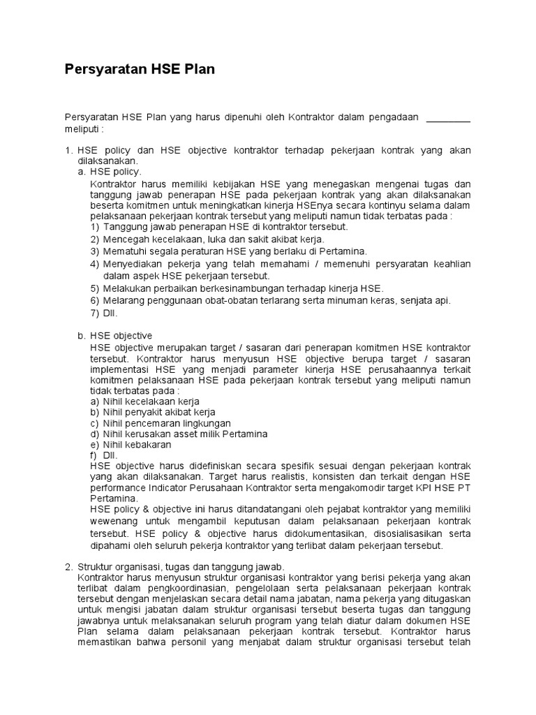 Persyaratan HSE Plan | PDF