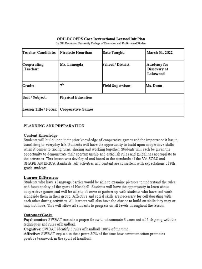 Cooperative Games in PE: Handball Focus | PDF | Learning | Behavioural ...