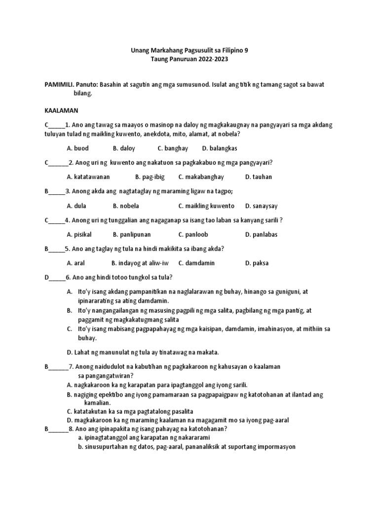 Filipino Grade 9 Reviewers | PDF