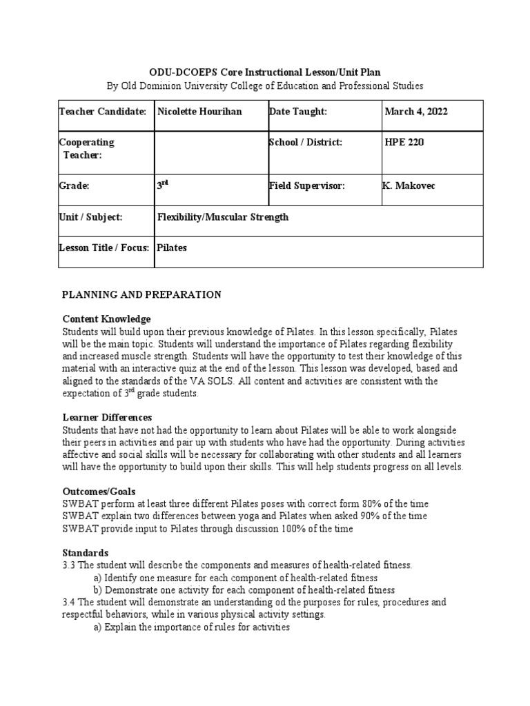 Pilates Lesson Plan For 222 | PDF | Pilates | Learning