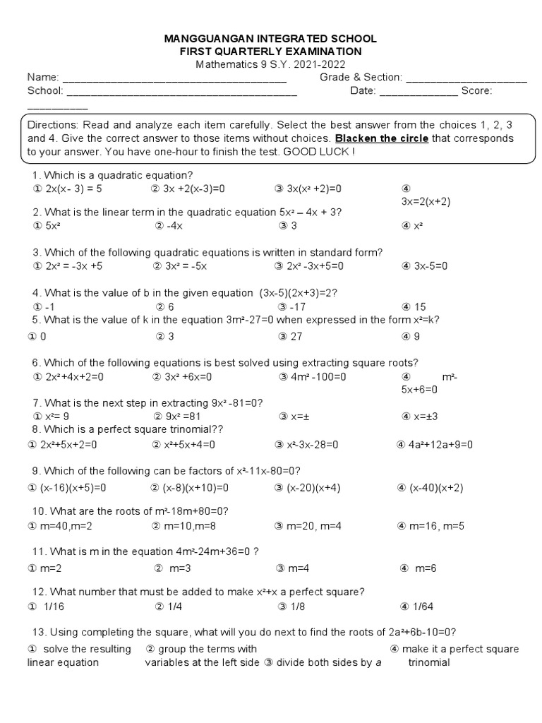 Math 9 | PDF | Quadratic Equation | Equations