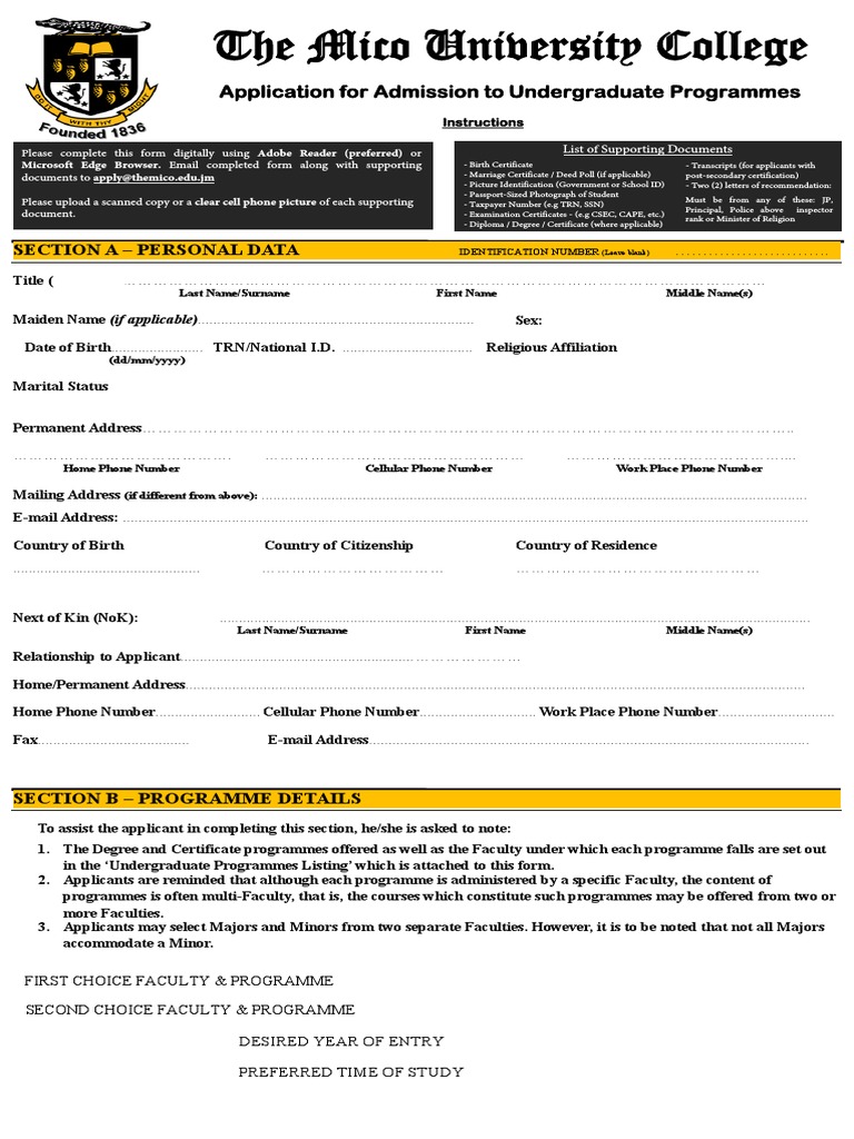 Mico Undergraduate Application Revised Fillable Form | PDF | Identity Document | Educational Stages