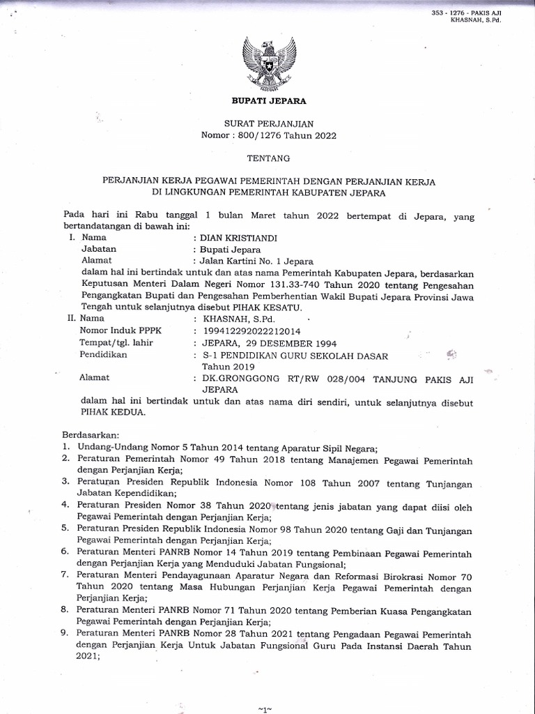 Surat Perjanjian Kerja Pppk Guru Jepara Pdf