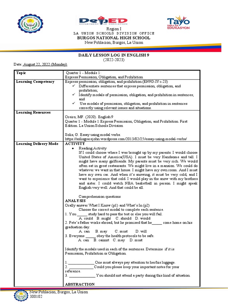 A Lesson Log in Quarter 1 - Module 1: Express Permission, Obligation, and Prohibition | PDF ...